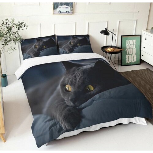 Комплект постельного белья с принтом кошка, сатин, 1,5. спальный, поплин, полуторка,