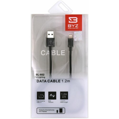 USB-кабель BYZ BL-662 AM-8pin (Lightning) 1,2 метра, 2.1A, силикон, черный
