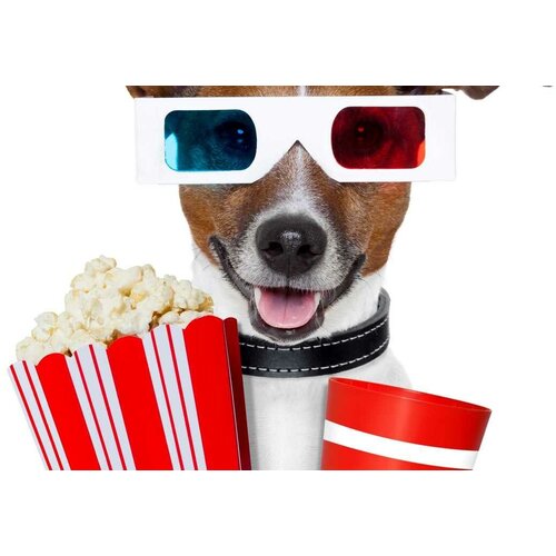Картина на холсте 60x110 LinxOne "Собака попкорн очки напиток 3d" интерьерная для дома / на стену / на кухню / с подрамником