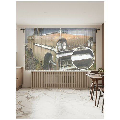 Тюль, фототюль короткий JoyArty "Ржавый ретроавтомобиль" высота 180 см, ширина 145 см (2 полотна) на шторной ленте, крючки в комплекте