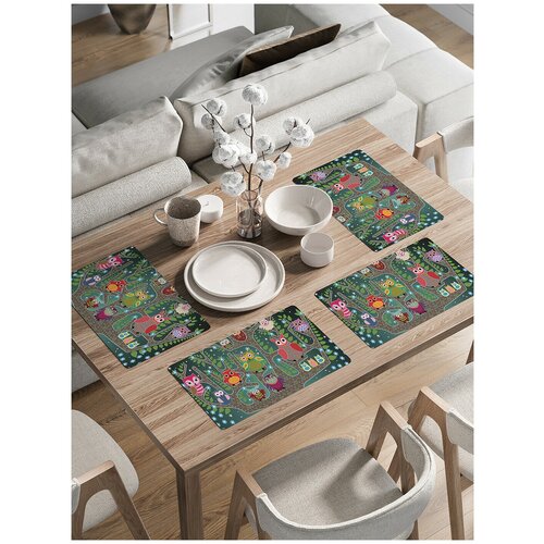 Комплект тканевых салфеток, плейсматов с рисунком JoyArty "Ночные совы" для сервировки стола, подарочный набор 46x30 см, 4шт.