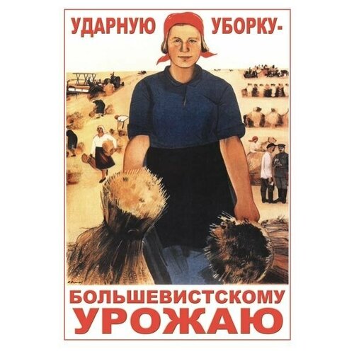 Плакат, постер на бумаге Ударную уборку большевистскому урожаю. Размер 21 х 30 см