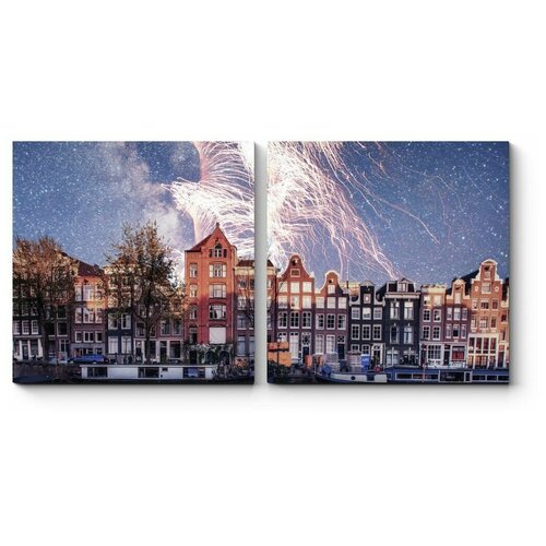 Модульная картина Яркий фейерверк в ночном небе Амстердама 50x25
