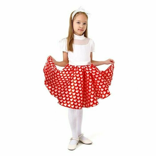 Карнавальный набор "Стиляги 3", юбка красная с белыми сердцами, пояс, повязка, рост 98-104 см / 9744963