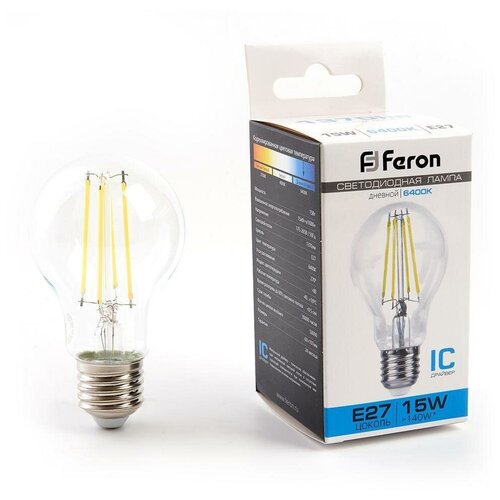 Лампа светодиодная филаментная Feron E27 15W 6400K прозрачная LB-615 48284