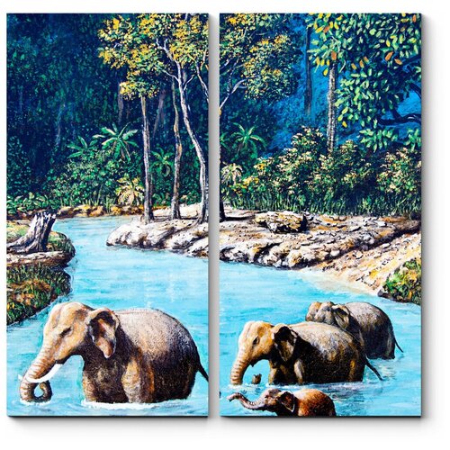 Модульная картина Семья слонов переправляется через реку 60x60