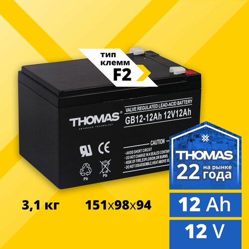 Аккумулятор для ибп 12v 12Ah Thomas F2 акб для детского электромобиля, мотоцикла, машинки, эхолота, инвалидной коляски, кассы, сигнализации, освещения