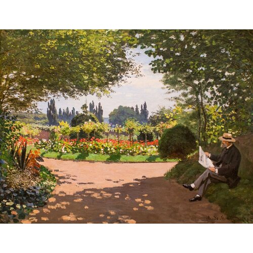 Картина для интерьера "Адольф Моне читает в саду", Клод Моне, печать на холсте (65х50 см / на подрамнике)