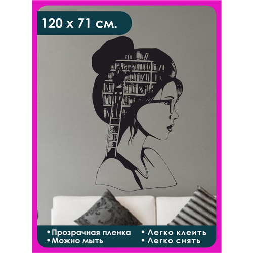 Наклейка для интерьера "Силуэт лица девушки / лестница и книжные полки / женщина и книги"