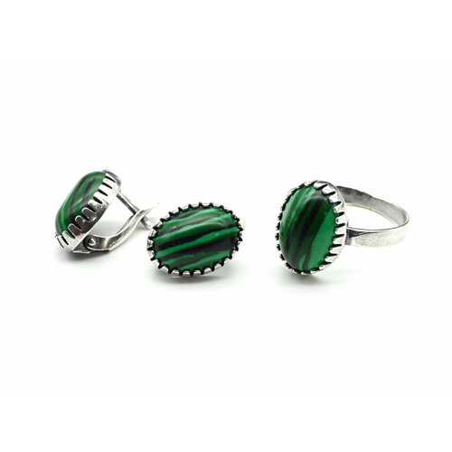 Комплект бижутерии: колье, серьги, малахит синтетический, размер кольца 18, зеленый