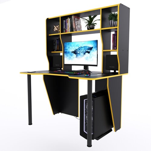 Компьютерный стол "Старк" с большой надстройкой, 140х90х152,6 см, чёрный с жёлтой кромкой
