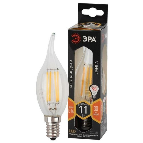 Лампа светодиодная филаментная F-LED BXS-11W-827-E14 BXS 11Вт свеча на ветру E14 тепл. бел. | код. Б0047001 | Эра (5шт. в упак.)