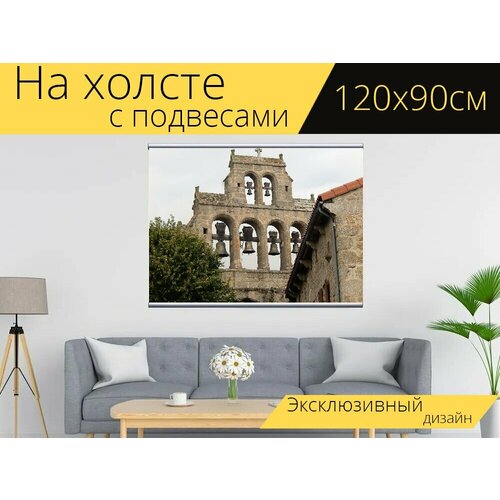 Картина на холсте "Колокольчики, церковь, городок" с подвесами 120х90 см. для интерьера