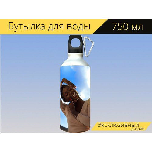 Бутылка фляга для воды "Женщина, красота, счастливый" 750 мл. с карабином и принтом