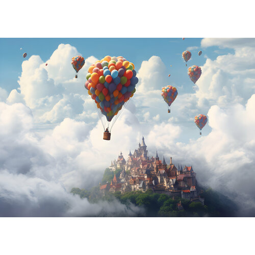 Постер - "Воздушные шары летят к облакам"на холсте/ А2 / в тубусе без рамы