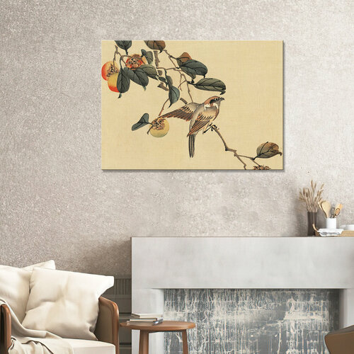 Интерьерная картина на холсте - Цветы Птица на ветке на бежевом фоне 50х70