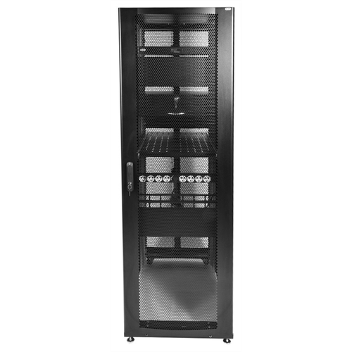 Шкаф серверный ПРОФ напольный 42U (600x1200) дверь перфор, задние двойные перфор, черный, в сборе (ШТК-СП-42.6.12-48АА-9005)