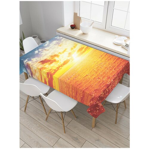 Прямоугольная водоотталкивающая тканевая скатерть на стол JoyArty с рисунком "Уходящее солнце" 145 на 180 смжелтый, оранжевый, синий