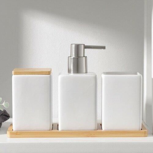 Набор аксессуаров для ванной комнаты Square, 4 предмета (дозатор для мыла, 2 стакана, подставка), цвет белый