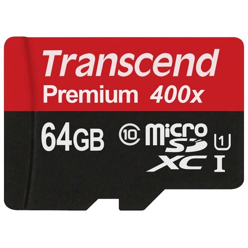 Карта памяти Transcend microSDXC 64 ГБ Class 10, V10, A1, UHS Class 1, R 60 МБ/с, адаптер на SD, 1 шт., черный