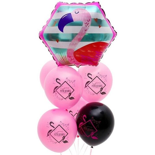 LETI Букет из воздушных шаров «С днём рождения», фламинго, неон, латекс, фольга, набор 7 шт.