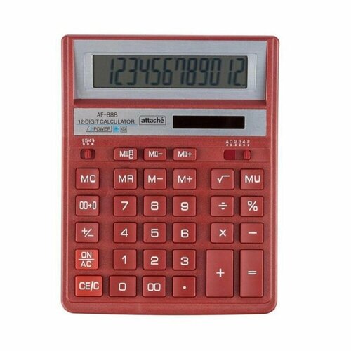 Калькулятор настольный Attache полноразмерный, AF-888,12 разрядов, двойное питание, 204х158 мм, темно-красный (SDC-888X)