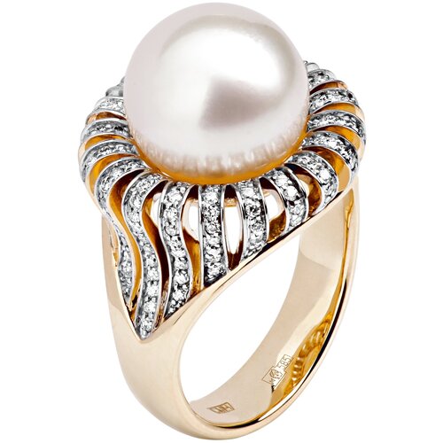 Кольцо Эстет, желтое золото, 585 проба, жемчуг, бриллиант, размер 16.5
