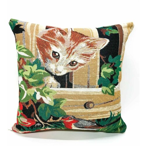 Декоративная подушка из гобелена 40х40 (+-3см) на молнии, с рисунком Кот и птичка