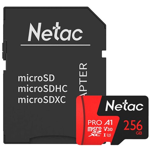 Карта памяти Netac microSDXC 256 ГБ Class 10, V30, A1, UHS-I, R 100 МБ/с, адаптер на SD, черный/красный