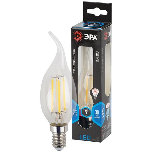 Лампы светодиодные свечи Эра F-LED BXS-7W-840-E14 ЭРА (филамент, свеча на ветру, 7Вт, нейтр, E14) (10/100/2800) Б0027945
