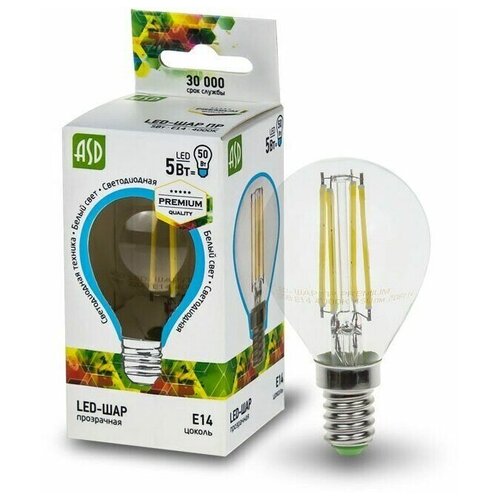 4690612004167 ASD Лампа светодиодная LED-ШАР-PREMIUM 5Вт 160-260В Е14 4000К 450Лм прозрачная ASD