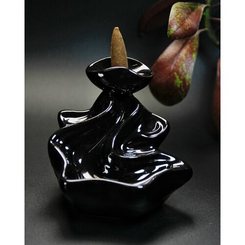 Подставка Каменные волны - 10 см, черный глянец, керамика + 10 пуль - для благовоний стелющийся дым, конусов "пуля"