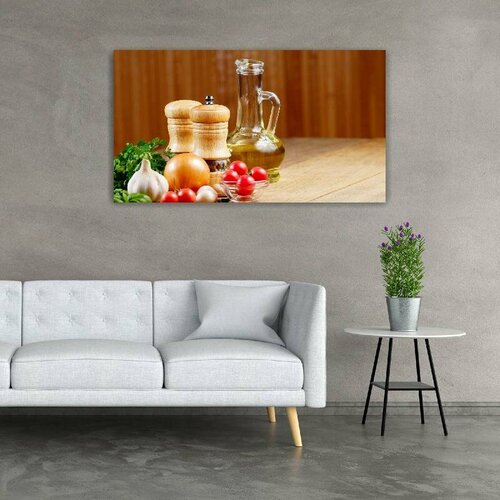 Картина на холсте 60x110 LinxOne "Приправы масло чери лук чеснок" интерьерная для дома / на стену / на кухню / с подрамником