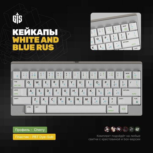 Кейкапы с русскими символами White and Blue RUS, профиль Cherry, PBT пластик