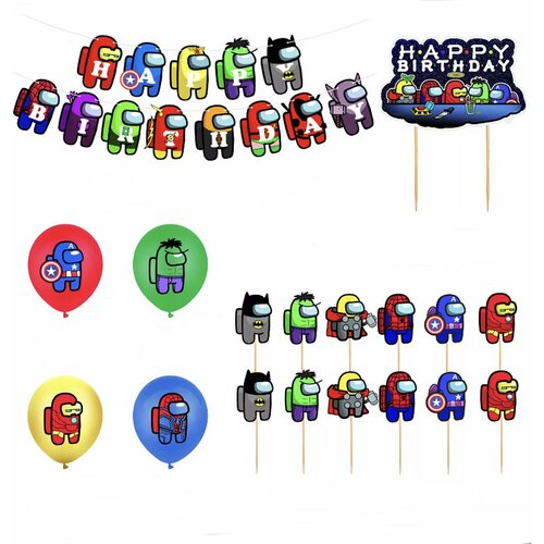 Набор для праздника Among Us Супергерои (шары 16шт, гирлянда, топперы 12шт, больш. топпер 1шт)