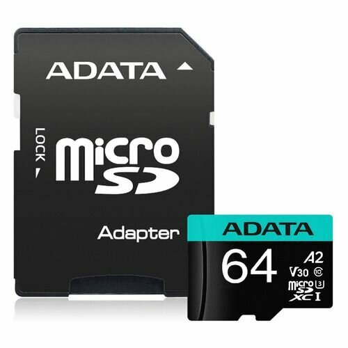 Карта памяти microSDXC UHS-I U3 A-Data Premier Pro 64 ГБ, 100 МБ/с, Class 10, AUSDX64GUI3V30SA2-RA1, 1 шт, переходник SD