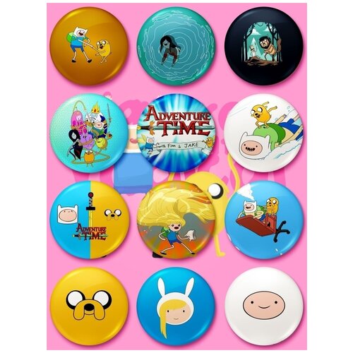 Значки на рюкзак с рисунком по аниме манга "Время Приключений Adventure Time" набор из 12 шт.