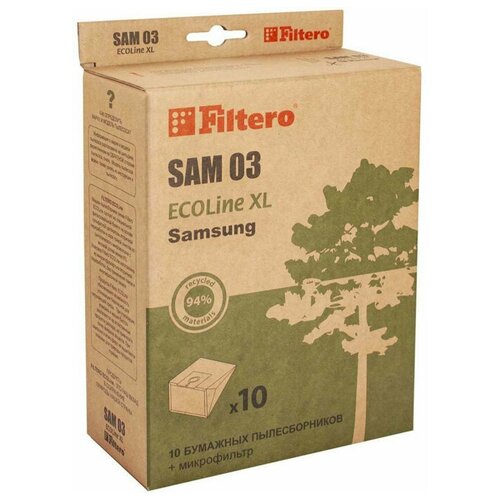 Filtero SAM 03 ECOLine XL, Мешки - пылесборники для пылесосов SAMSUNG, бумажные (комплект: 10 штук + фильтр)