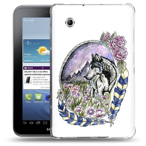 Чехол задняя-панель-накладка-бампер MyPads нарисованный волк в цветах с перьями для Samsung Galaxy Tab 2 7.0 GT-P3100/P3110 противоударный