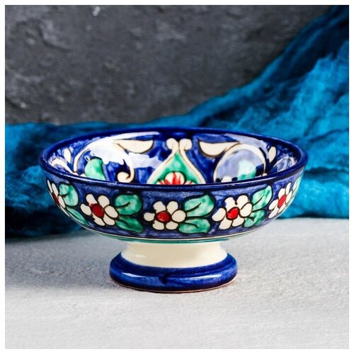 Шафран Конфетница Риштанская Керамика "Цветы", 12 см, синяя