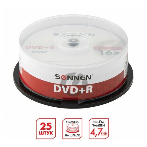 Диски DVD+R SONNEN 4 7 Gb 16x Cake Box (упаковка на шпиле) комплект 25 шт, 1 шт