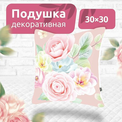 Подушка декоративная на диван для дома MEGA TOYS детская в подарок с принтом 30x30 Шиповник розовый