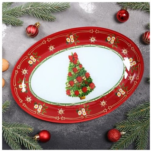 Доляна Блюдо стеклянное овальное Доляна «Новогодняя ель», 29,5×20,3 см