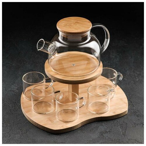 Набор чайный на деревянной подставке "Эко", 6 предметов: чайник стеклянный заварочный 1,1 л, 5 кружек 120 мл