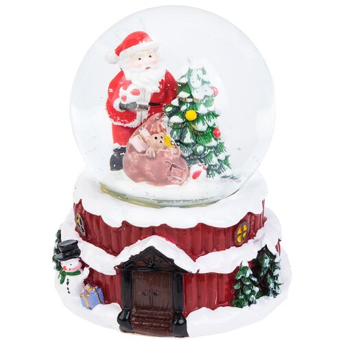 Новогодний сувенир 68033- Стеклянный шар "Дед Мороз с большим подарочным мешком", музыкальный LED, 3*ААА, 12*10*15 см