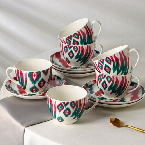 Сервиз чайный фарфоровый Доляна Askım, 12 предметов: 6 чашек 250 мл, 6 блюдец d=15 см, цвет разноцветный