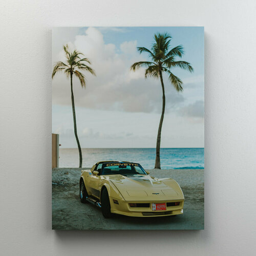 Интерьерная картина на холсте "Машина Корвет на пляже" машины, размер 22x30 см