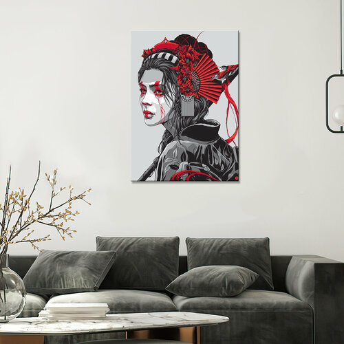 Интерьерная картина на холсте - Гейша в красно-серых тонах 60х80