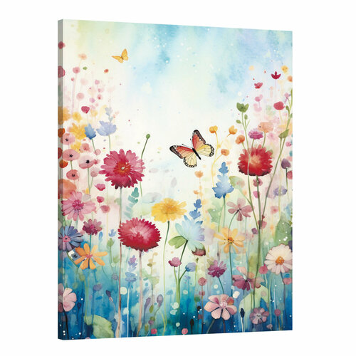 Интерьерная картина 50х70 "Игра света: Бабочки на цветах"