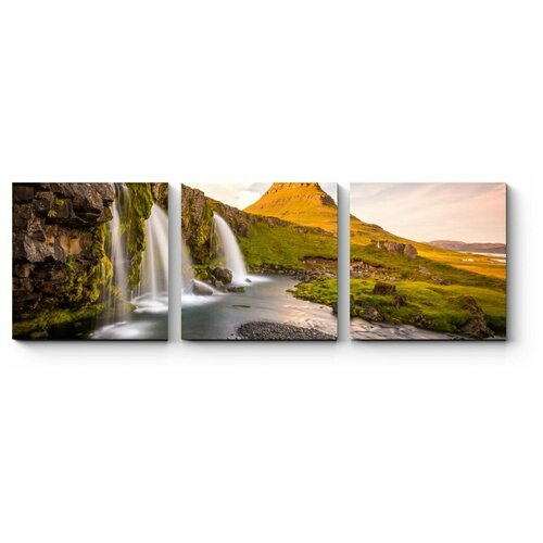 Модульная картина Гора Киркюфель и ниспадающие водопады140x47